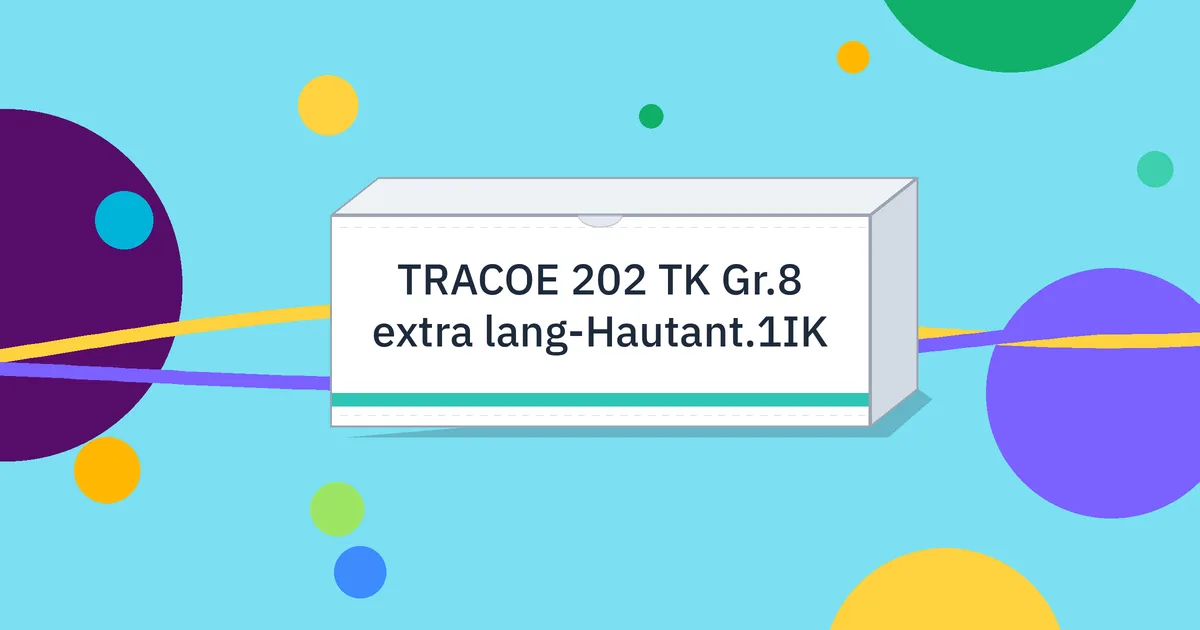 Symbolbild: Packung mit der Aufschrift TRACOE 202 TK Gr.8 extra lang-Hautant.1IK (PZN 17194675) – Verfügbarkeit und Bezug in Apotheken in Frankfurt am Main