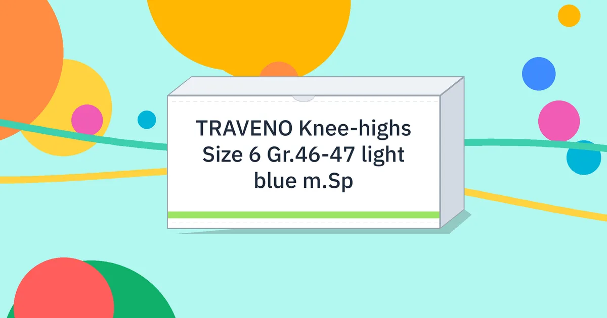 Symbolbild: Packung mit der Aufschrift TRAVENO Knee-highs Size 6 Gr.46-47 light blue m.Sp (PZN 20651797) – Verfügbarkeit und Bezug in Apotheken in Frankfurt am Main