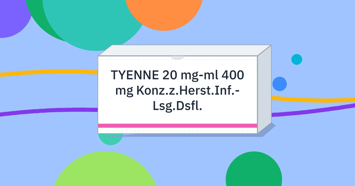 Symbolbild: Packung mit der Aufschrift TYENNE 20 mg-ml 400 mg Konz.z.Herst.Inf.-Lsg.Dsfl. (PZN 19507084) – Verfügbarkeit und Bezug in Apotheken in Frankfurt am Main