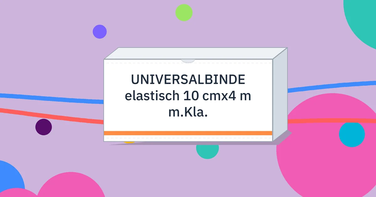 Symbolbild: Packung mit der Aufschrift UNIVERSALBINDE elastisch 10 cmx4 m m.Kla. (PZN 07388355) – Verfügbarkeit und Bezug in Apotheken in Frankfurt am Main