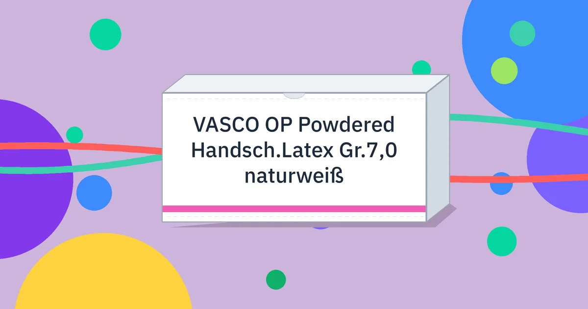 Symbolbild: Packung mit der Aufschrift VASCO OP Powdered Handsch.Latex Gr.7,0 naturweiß (PZN 14382726) – Verfügbarkeit und Bezug in Apotheken in Frankfurt am Main