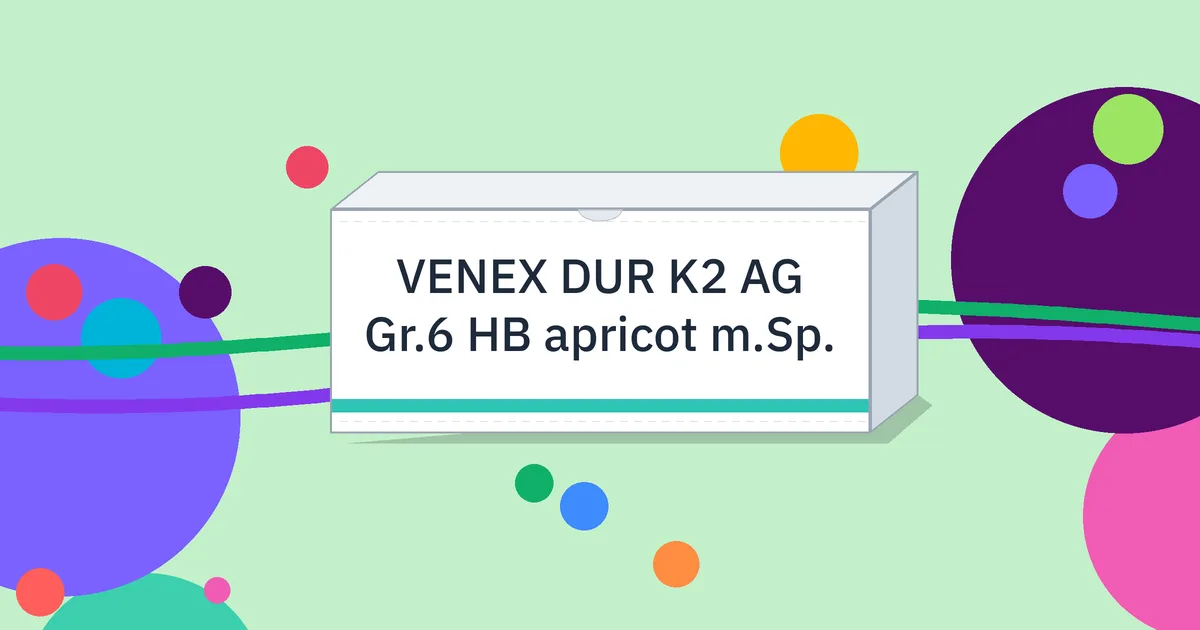 Symbolbild: Packung mit der Aufschrift VENEX DUR K2 AG Gr.6 HB apricot m.Sp. (PZN 03218774) – Verfügbarkeit und Bezug in Apotheken in Frankfurt am Main