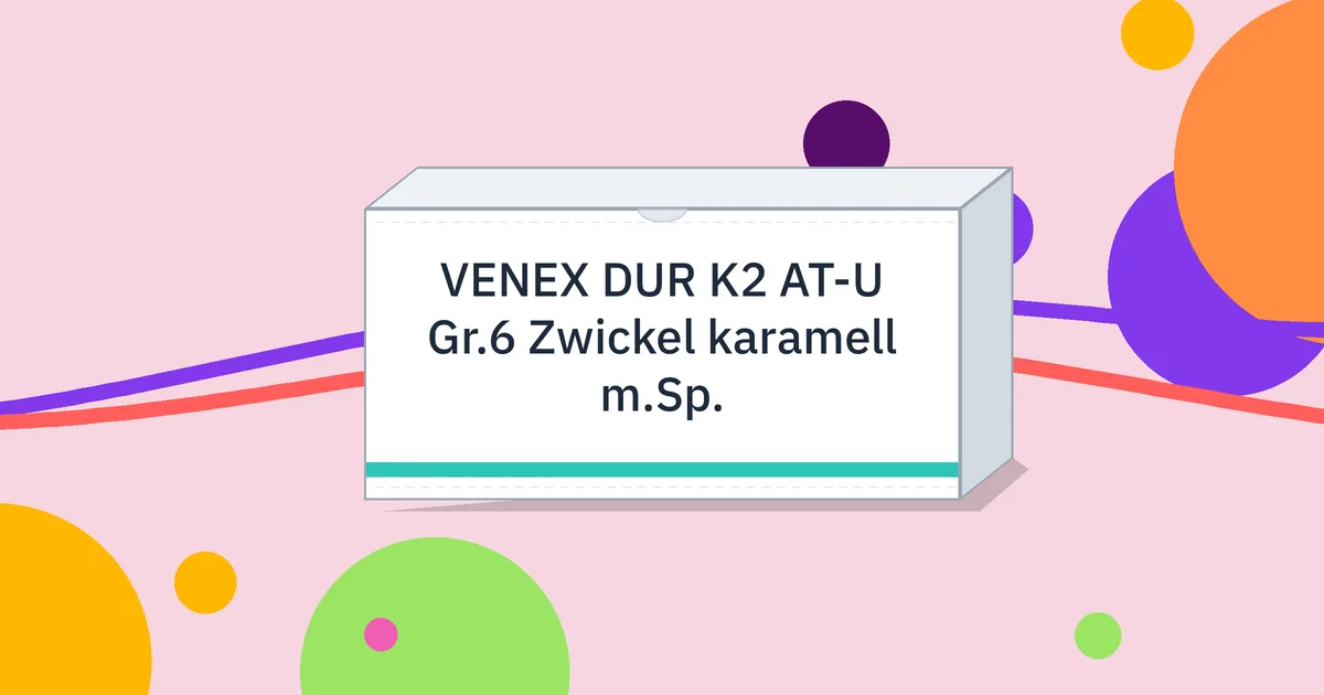 Symbolbild: Packung mit der Aufschrift VENEX DUR K2 AT-U Gr.6 Zwickel karamell m.Sp. (PZN 13759531) – Verfügbarkeit und Bezug in Apotheken in Frankfurt am Main
