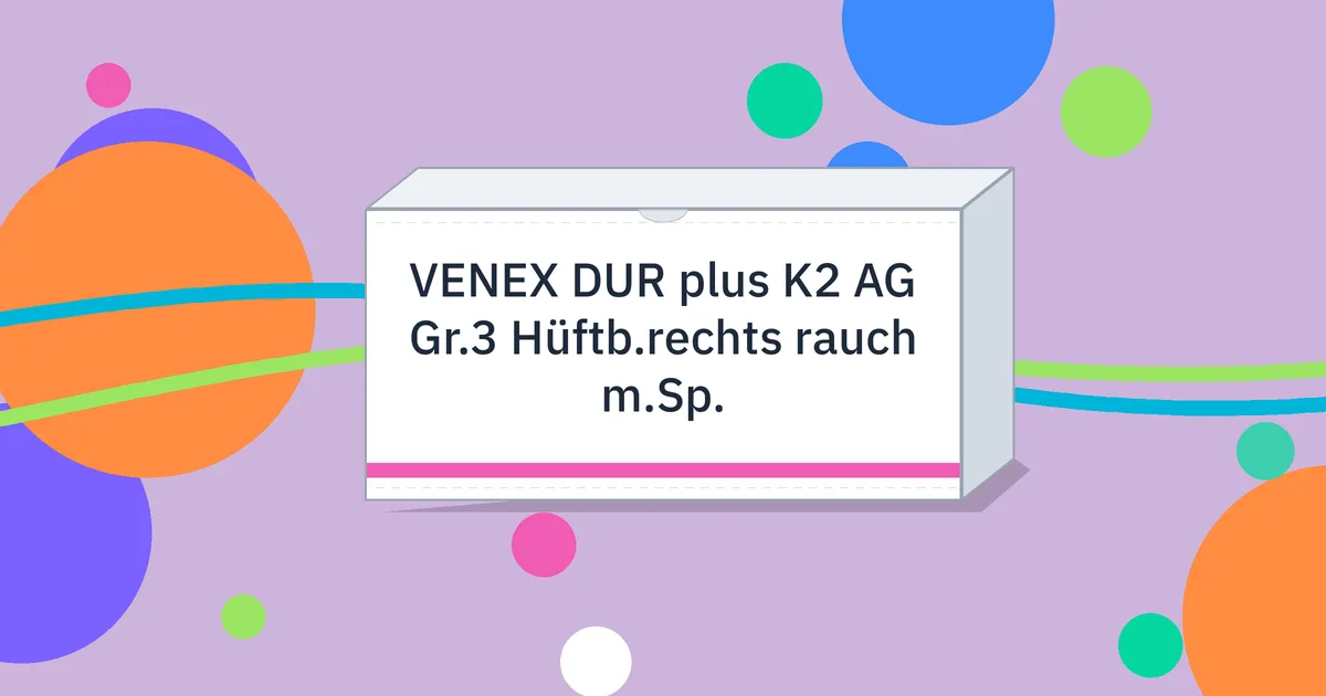 Symbolbild: Packung mit der Aufschrift VENEX DUR plus K2 AG Gr.3 Hüftb.rechts rauch m.Sp. (PZN 03237754) – Verfügbarkeit und Bezug in Apotheken in Frankfurt am Main