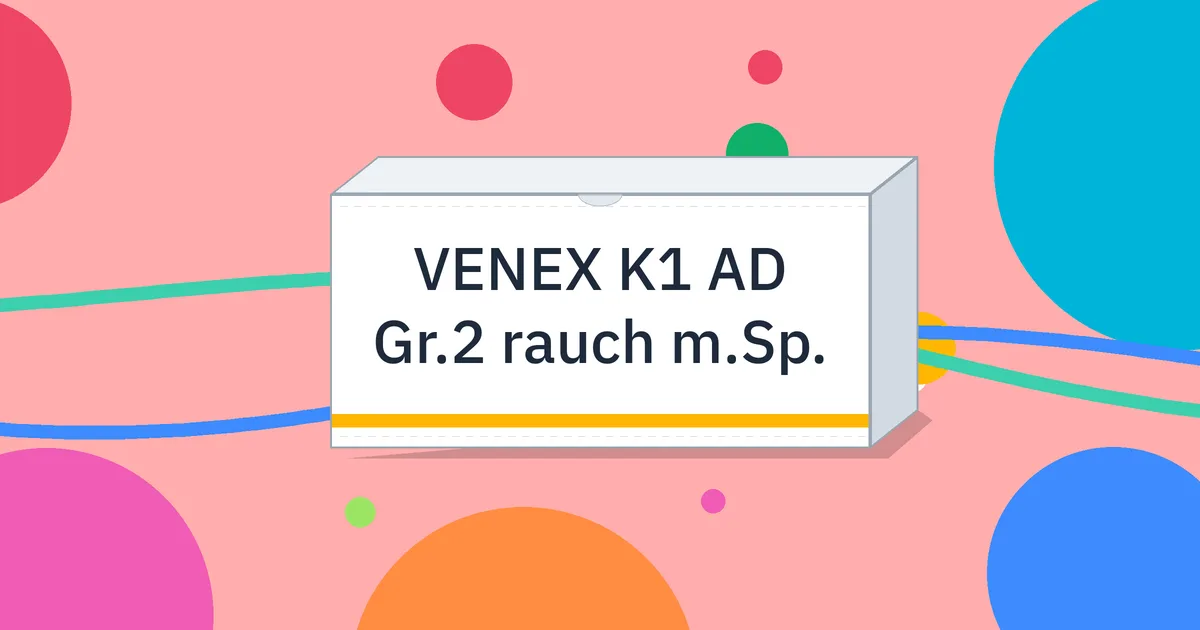 Symbolbild: Packung mit der Aufschrift VENEX K1 AD Gr.2 rauch m.Sp. (PZN 03183484) – Verfügbarkeit und Bezug in Apotheken in Frankfurt am Main