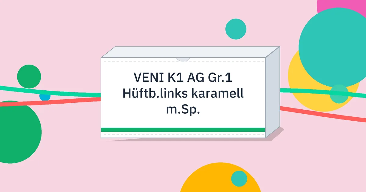 Symbolbild: Packung mit der Aufschrift VENI K1 AG Gr.1 Hüftb.links karamell m.Sp. (PZN 13760155) – Verfügbarkeit und Bezug in Apotheken in Frankfurt am Main