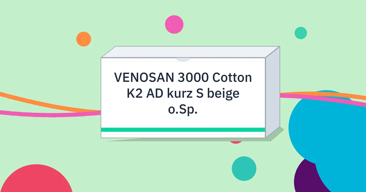 Symbolbild: Packung mit der Aufschrift VENOSAN 3000 Cotton K2 AD kurz S beige o.Sp. (PZN 14421219) – Verfügbarkeit und Bezug in Apotheken in Frankfurt am Main