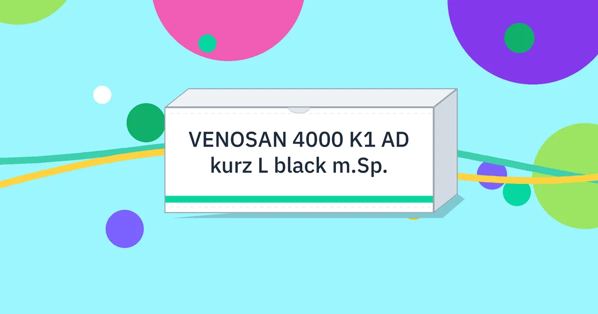 Symbolbild: Packung mit der Aufschrift VENOSAN 4000 K1 AD kurz L black m.Sp. (PZN 14426441) – Verfügbarkeit und Bezug in Apotheken in Frankfurt am Main