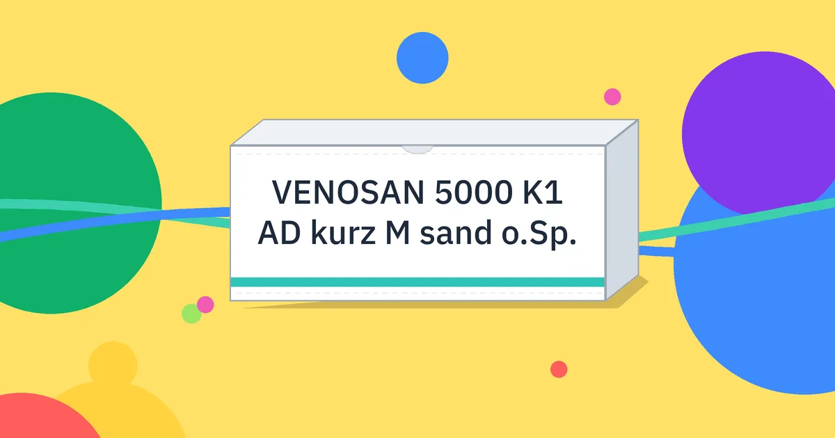 Symbolbild: Packung mit der Aufschrift VENOSAN 5000 K1 AD kurz M sand o.Sp. (PZN 14428090) – Verfügbarkeit und Bezug in Apotheken in Frankfurt am Main