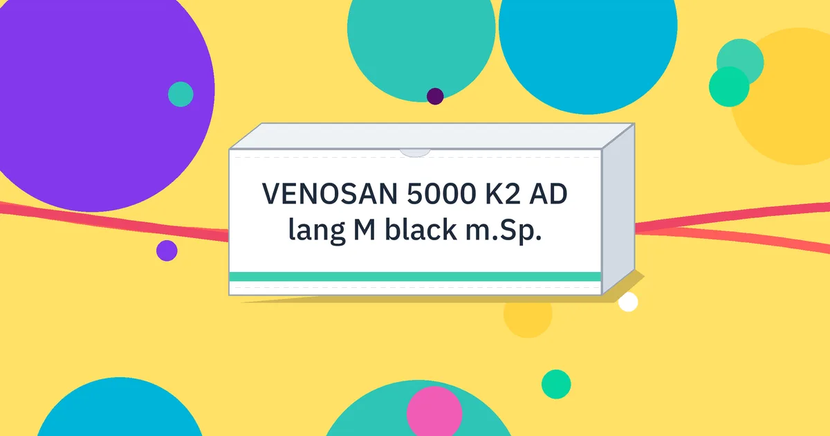 Symbolbild: Packung mit der Aufschrift VENOSAN 5000 K2 AD lang M black m.Sp. (PZN 14433145) – Verfügbarkeit und Bezug in Apotheken in Frankfurt am Main