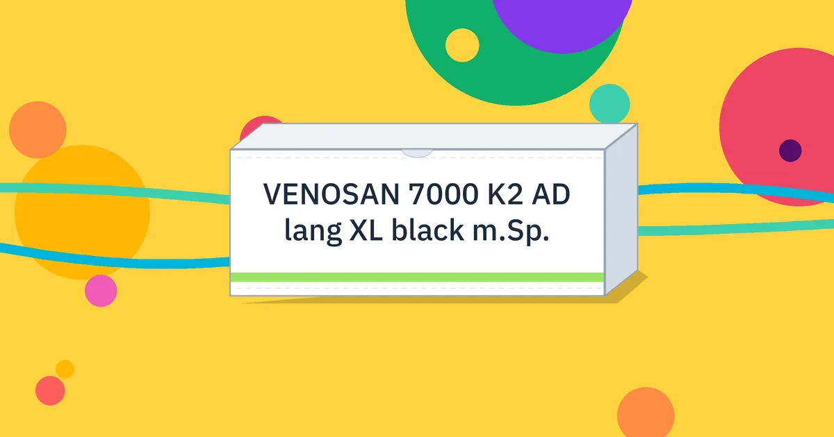 Symbolbild: Packung mit der Aufschrift VENOSAN 7000 K2 AD lang XL black m.Sp. (PZN 14435598) – Verfügbarkeit und Bezug in Apotheken in Frankfurt am Main