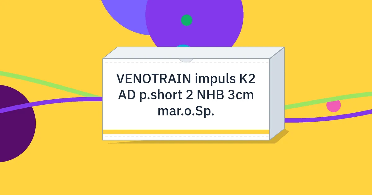 Symbolbild: Packung mit der Aufschrift VENOTRAIN impuls K2 AD p.short 2 NHB 3cm mar.o.Sp. (PZN 15223881) – Verfügbarkeit und Bezug in Apotheken in Frankfurt am Main