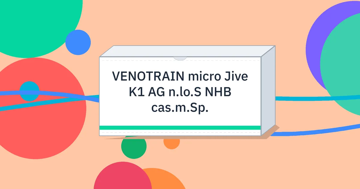 Symbolbild: Packung mit der Aufschrift VENOTRAIN micro Jive K1 AG n.lo.S NHB cas.m.Sp. (PZN 20767436) – Verfügbarkeit und Bezug in Apotheken in Frankfurt am Main