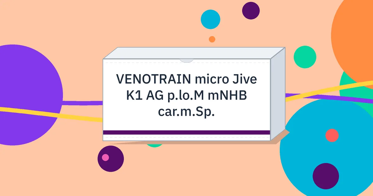 Symbolbild: Packung mit der Aufschrift VENOTRAIN micro Jive K1 AG p.lo.M mNHB car.m.Sp. (PZN 17758770) – Verfügbarkeit und Bezug in Apotheken in Frankfurt am Main