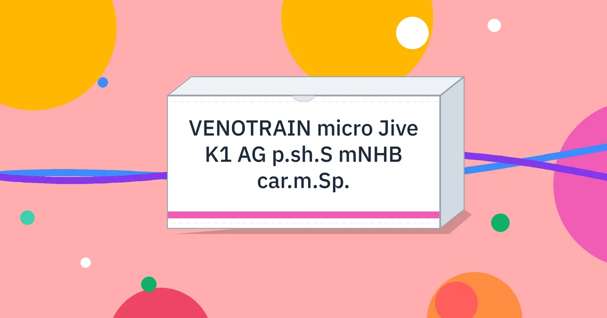 Symbolbild: Packung mit der Aufschrift VENOTRAIN micro Jive K1 AG p.sh.S mNHB car.m.Sp. (PZN 17758706) – Verfügbarkeit und Bezug in Apotheken in Frankfurt am Main