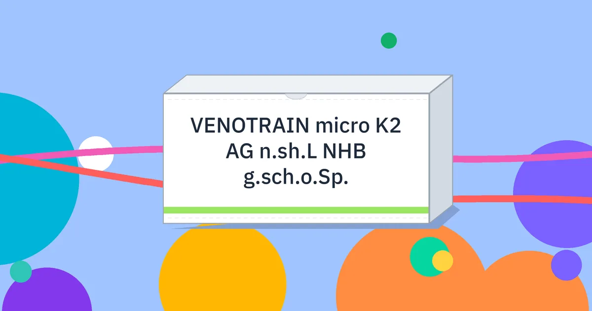 Symbolbild: Packung mit der Aufschrift VENOTRAIN micro K2 AG n.sh.L NHB g.sch.o.Sp. (PZN 06050223) – Verfügbarkeit und Bezug in Apotheken in Frankfurt am Main