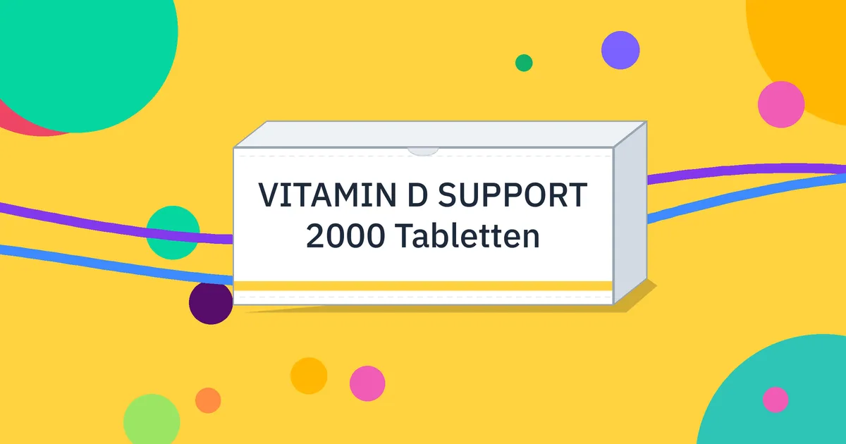 Symbolbild: Packung mit der Aufschrift VITAMIN D SUPPORT 2000 Tabletten (PZN 20103110) – Verfügbarkeit und Bezug in Apotheken in Frankfurt am Main