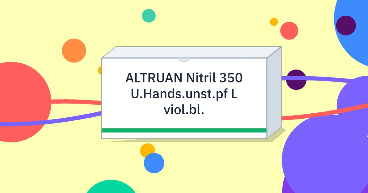 Symbolbild: Packung mit der Aufschrift ALTRUAN Nitril 350 U.Hands.unst.pf L viol.bl. (PZN 20114496) – Verfügbarkeit und Bezug in Apotheken in Frankfurt am Main