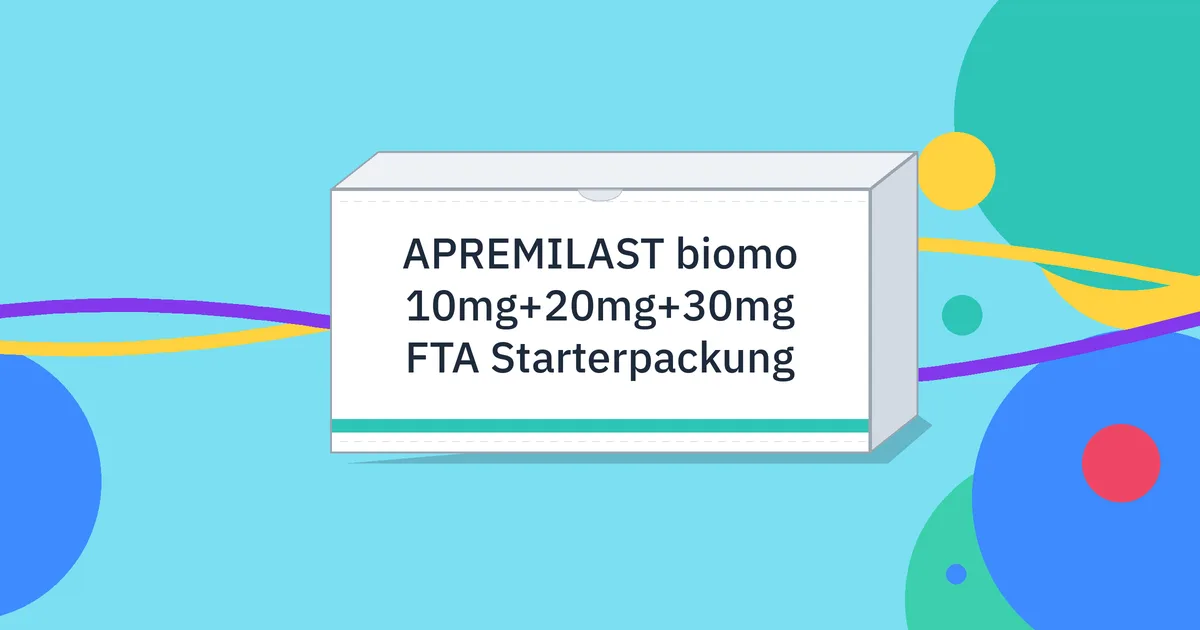 Symbolbild: Packung mit der Aufschrift APREMILAST biomo 10mg+20mg+30mg FTA Starterpackung (PZN 19391032) – Verfügbarkeit und Bezug in Apotheken in Frankfurt am Main