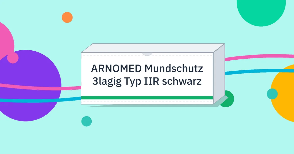Symbolbild: Packung mit der Aufschrift ARNOMED Mundschutz 3lagig Typ IIR schwarz (PZN 17868317) – Verfügbarkeit und Bezug in Apotheken in Frankfurt am Main