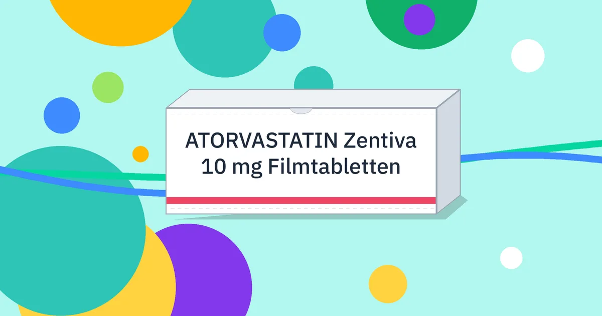 Symbolbild: Packung mit der Aufschrift ATORVASTATIN Zentiva 10 mg Filmtabletten (PZN 15784326) – Verfügbarkeit und Bezug in Apotheken in Frankfurt am Main