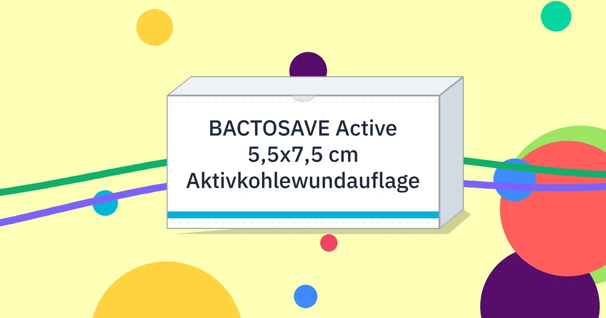Symbolbild: Packung mit der Aufschrift BACTOSAVE Active 5,5x7,5 cm Aktivkohlewundauflage (PZN 18824457) – Verfügbarkeit und Bezug in Apotheken in Frankfurt am Main