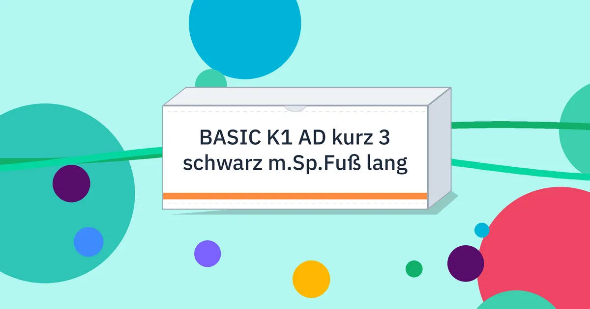 Symbolbild: Packung mit der Aufschrift BASIC K1 AD kurz 3 schwarz m.Sp.Fuß lang (PZN 20257787) – Verfügbarkeit und Bezug in Apotheken in Frankfurt am Main
