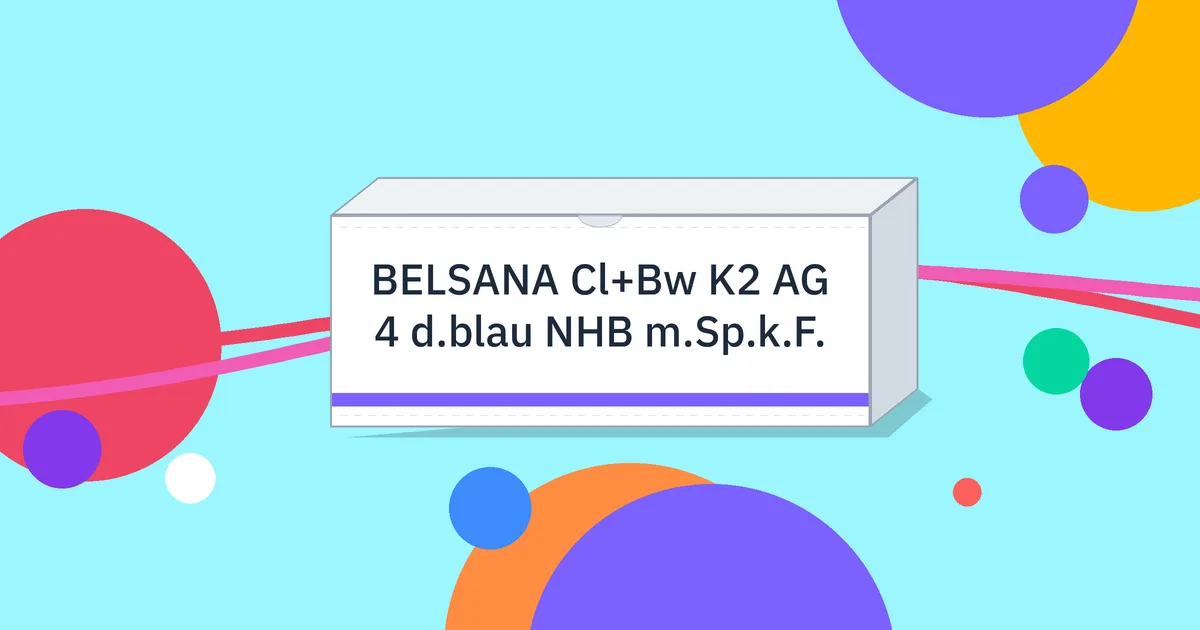 Symbolbild: Packung mit der Aufschrift BELSANA Cl+Bw K2 AG 4 d.blau NHB m.Sp.k.F. (PZN 15627259) – Verfügbarkeit und Bezug in Apotheken in Frankfurt am Main