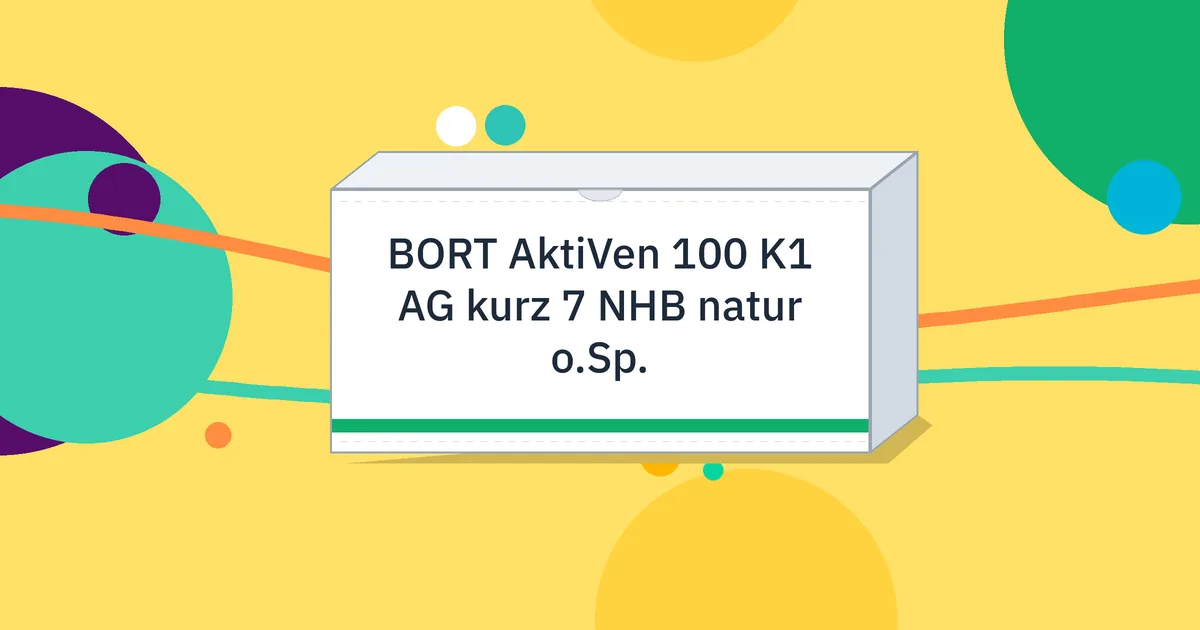 Symbolbild: Packung mit der Aufschrift BORT AktiVen 100 K1 AG kurz 7 NHB natur o.Sp. (PZN 13729599) – Verfügbarkeit und Bezug in Apotheken in Frankfurt am Main