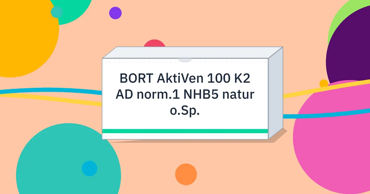 Symbolbild: Packung mit der Aufschrift BORT AktiVen 100 K2 AD norm.1 NHB5 natur o.Sp. (PZN 17493774) – Verfügbarkeit und Bezug in Apotheken in Frankfurt am Main