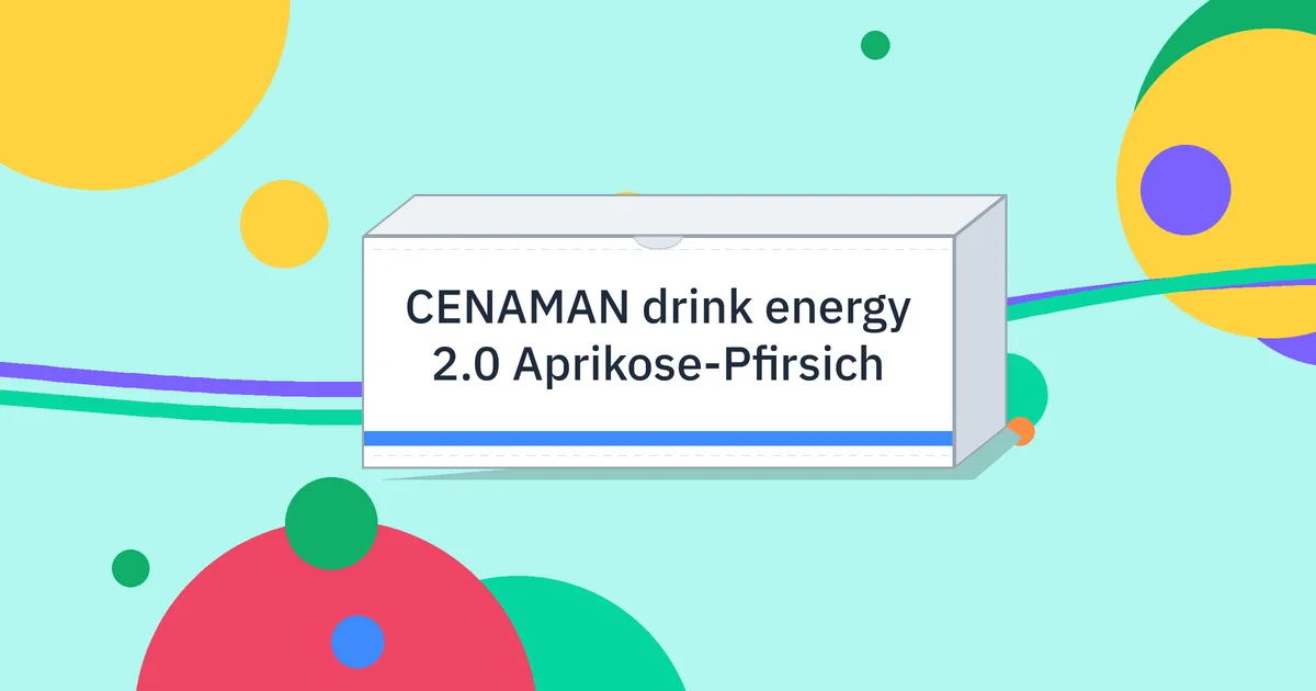 Symbolbild: Packung mit der Aufschrift CENAMAN drink energy 2.0 Aprikose-Pfirsich (PZN 13711033) – Verfügbarkeit und Bezug in Apotheken in Frankfurt am Main