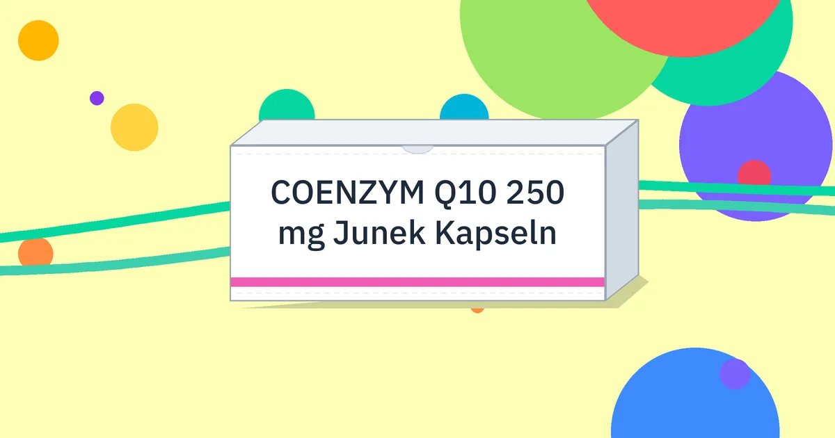 Symbolbild: Packung mit der Aufschrift COENZYM Q10 250 mg Junek Kapseln (PZN 09720262) – Verfügbarkeit und Bezug in Apotheken in Frankfurt am Main