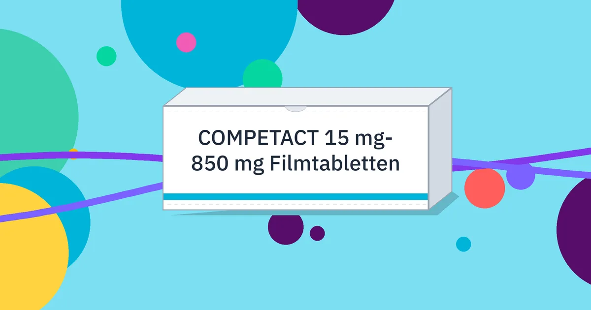 Symbolbild: Packung mit der Aufschrift COMPETACT 15 mg-850 mg Filmtabletten (PZN 05519899) – Verfügbarkeit und Bezug in Apotheken in Frankfurt am Main