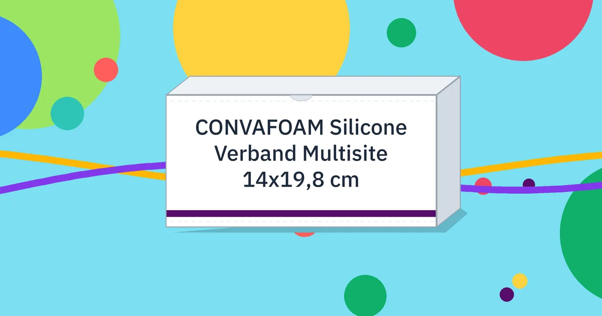 Symbolbild: Packung mit der Aufschrift CONVAFOAM Silicone Verband Multisite 14x19,8 cm (PZN 20124075) – Verfügbarkeit und Bezug in Apotheken in Frankfurt am Main