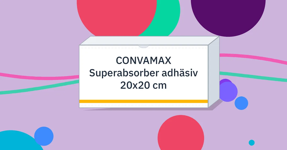 Symbolbild: Packung mit der Aufschrift CONVAMAX Superabsorber adhäsiv 20x20 cm (PZN 15634503) – Verfügbarkeit und Bezug in Apotheken in Frankfurt am Main