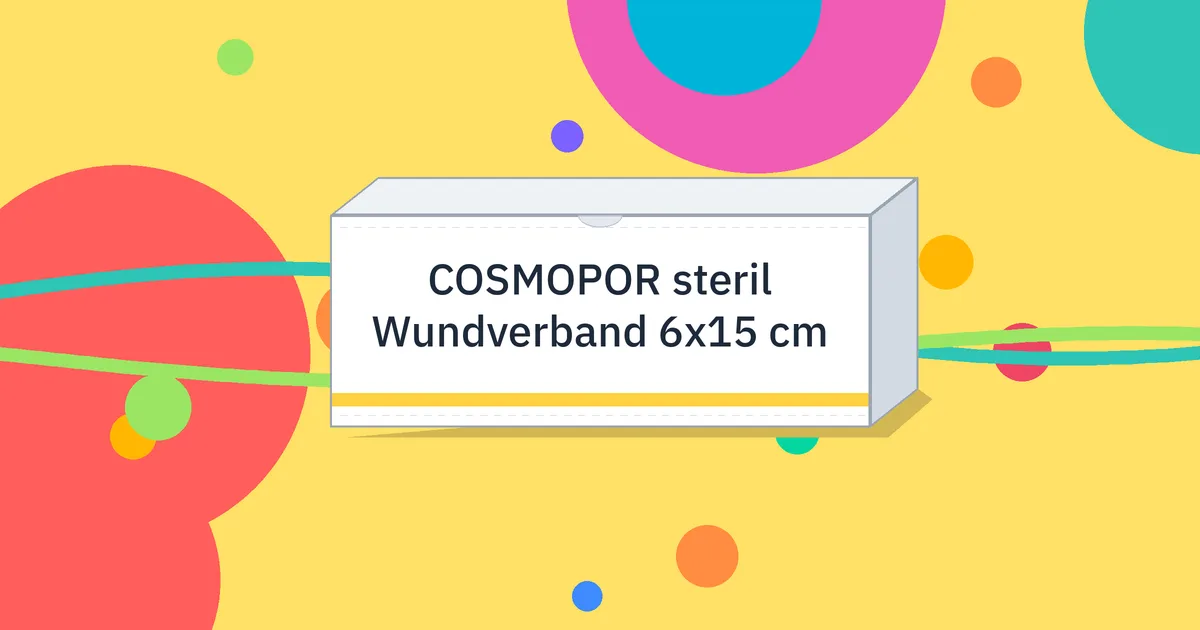 Symbolbild: Packung mit der Aufschrift COSMOPOR steril Wundverband 6x15 cm (PZN 04302028) – Verfügbarkeit und Bezug in Apotheken in Frankfurt am Main
