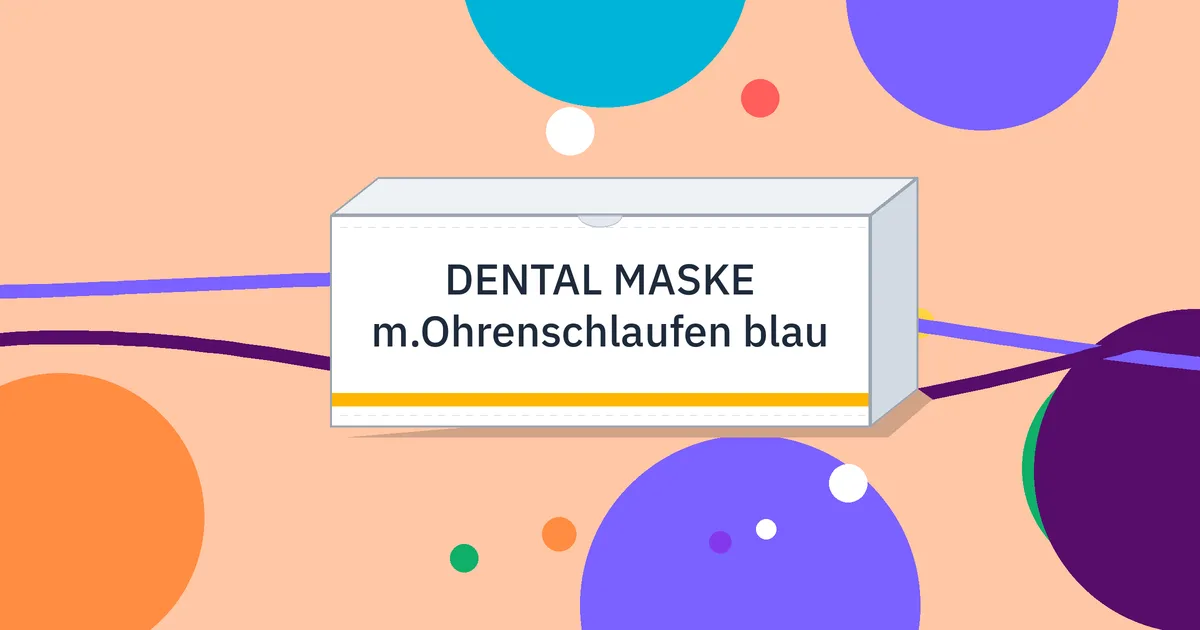 Symbolbild: Packung mit der Aufschrift DENTAL MASKE m.Ohrenschlaufen blau (PZN 07704603) – Verfügbarkeit und Bezug in Apotheken in Frankfurt am Main