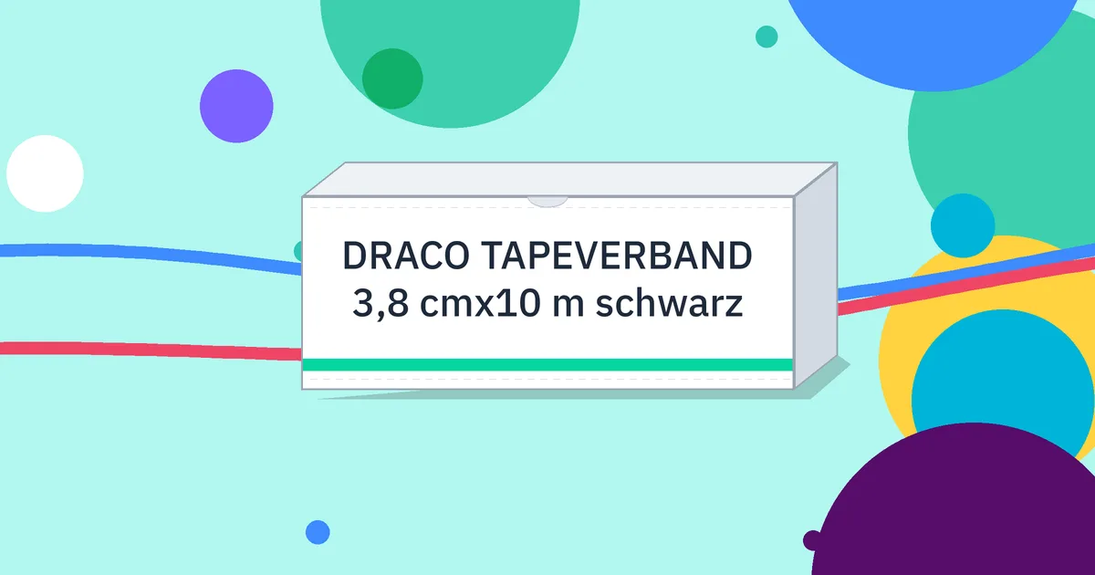 Symbolbild: Packung mit der Aufschrift DRACO TAPEVERBAND 3,8 cmx10 m schwarz (PZN 03060497) – Verfügbarkeit und Bezug in Apotheken in Frankfurt am Main
