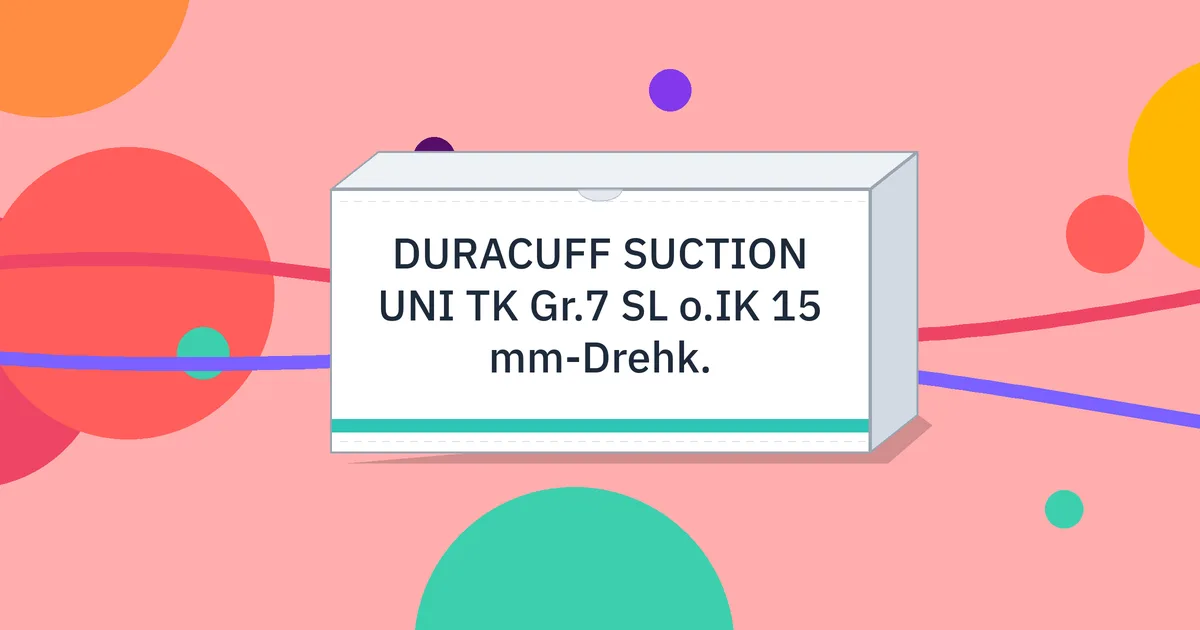 Symbolbild: Packung mit der Aufschrift DURACUFF SUCTION UNI TK Gr.7 SL o.IK 15 mm-Drehk. (PZN 02700003) – Verfügbarkeit und Bezug in Apotheken in Frankfurt am Main