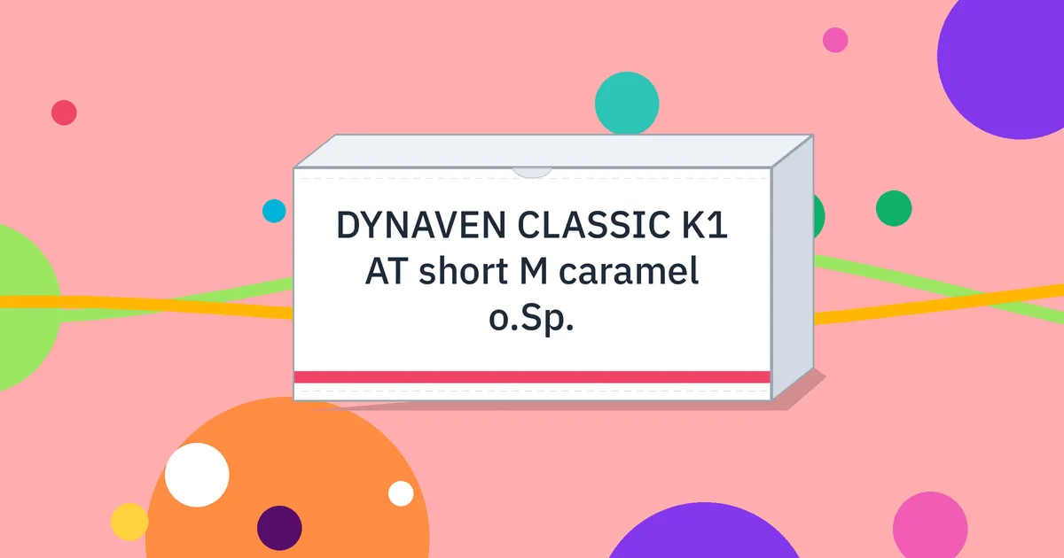 Symbolbild: Packung mit der Aufschrift DYNAVEN CLASSIC K1 AT short M caramel o.Sp. (PZN 18416089) – Verfügbarkeit und Bezug in Apotheken in Frankfurt am Main