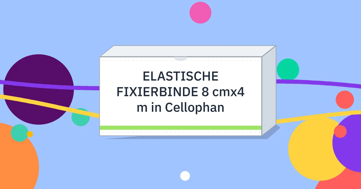 Symbolbild: Packung mit der Aufschrift ELASTISCHE FIXIERBINDE 8 cmx4 m in Cellophan (PZN 18374043) – Verfügbarkeit und Bezug in Apotheken in Frankfurt am Main