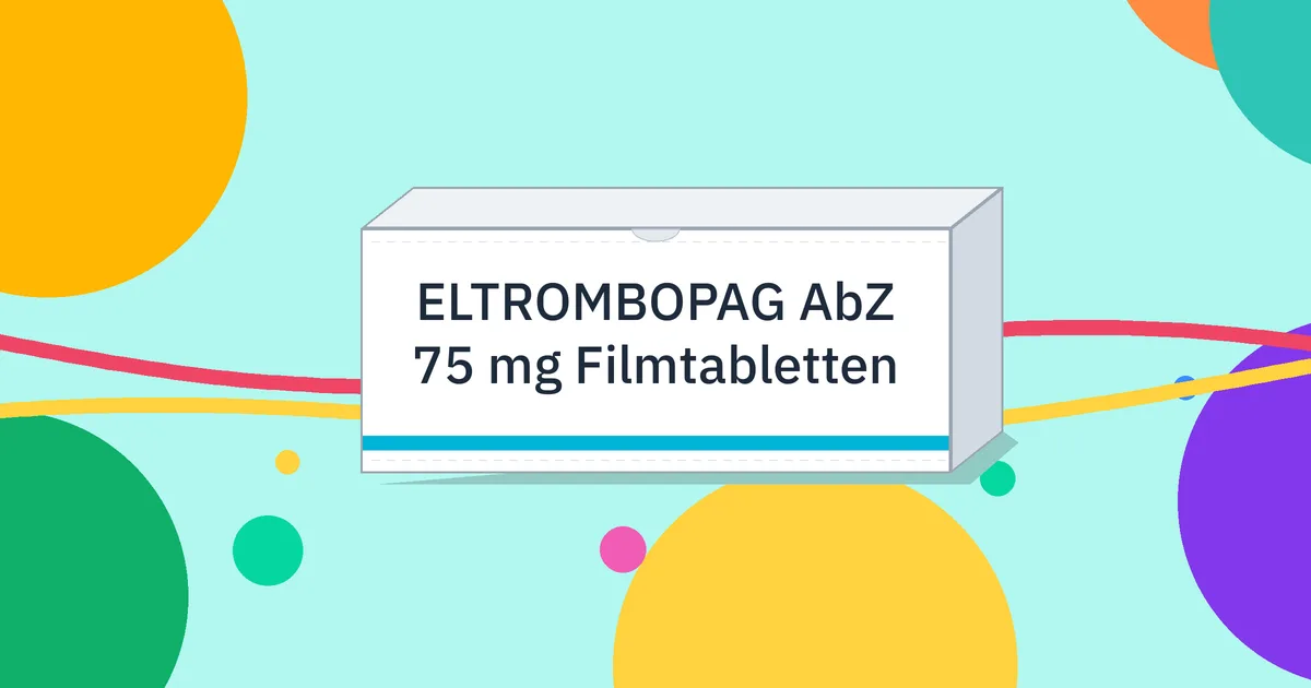 Symbolbild: Packung mit der Aufschrift ELTROMBOPAG AbZ 75 mg Filmtabletten (PZN 19806119) – Verfügbarkeit und Bezug in Apotheken in Frankfurt am Main