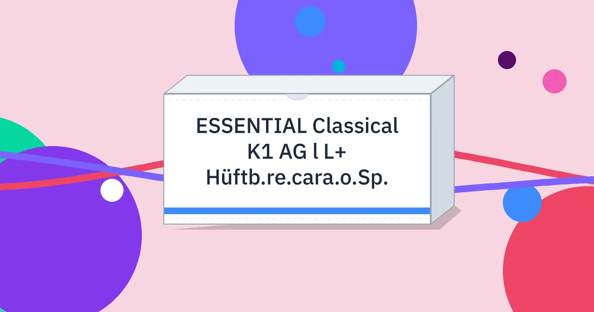 Symbolbild: Packung mit der Aufschrift ESSENTIAL Classical K1 AG l L+ Hüftb.re.cara.o.Sp. (PZN 17011798) – Verfügbarkeit und Bezug in Apotheken in Frankfurt am Main