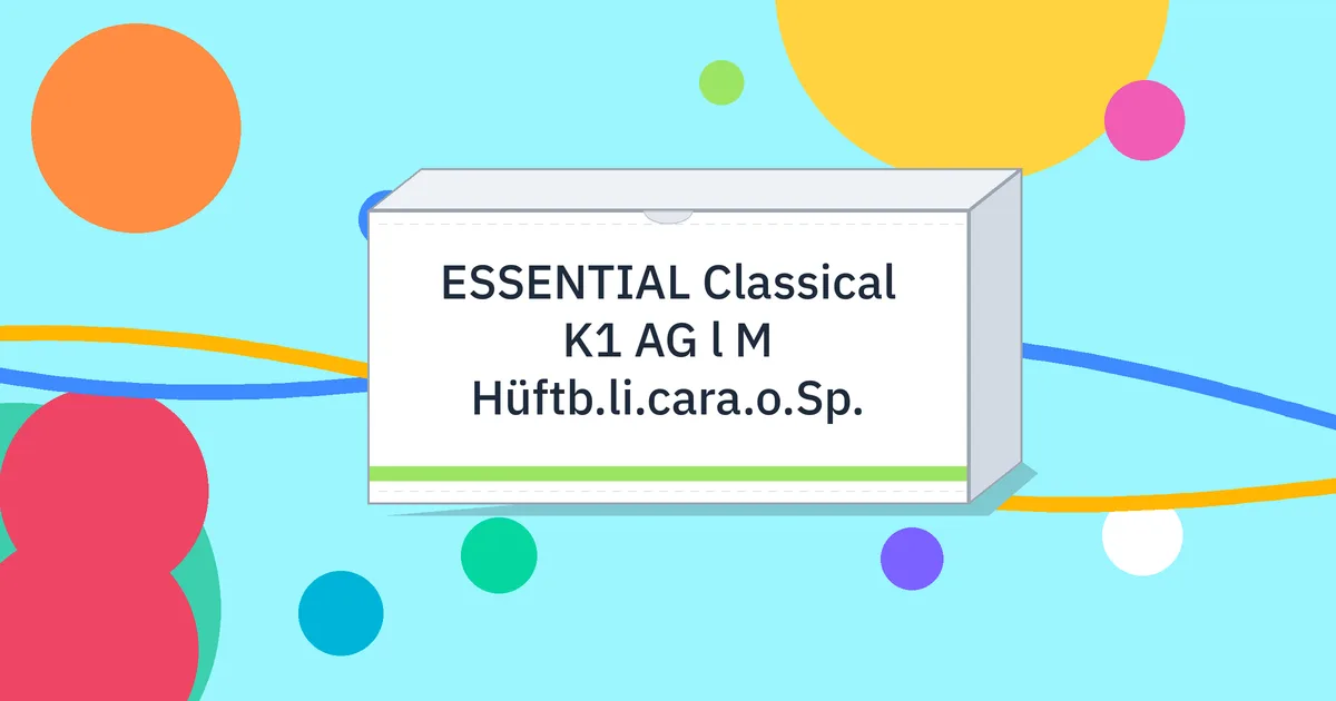 Symbolbild: Packung mit der Aufschrift ESSENTIAL Classical K1 AG l M Hüftb.li.cara.o.Sp. (PZN 17011404) – Verfügbarkeit und Bezug in Apotheken in Frankfurt am Main
