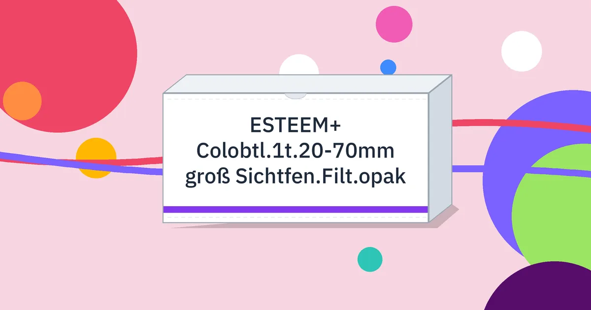 Symbolbild: Packung mit der Aufschrift ESTEEM+ Colobtl.1t.20-70mm groß Sichtfen.Filt.opak (PZN 13233119) – Verfügbarkeit und Bezug in Apotheken in Frankfurt am Main
