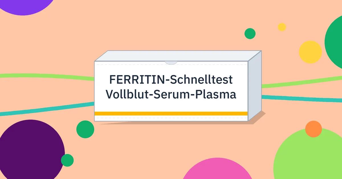 Symbolbild: Packung mit der Aufschrift FERRITIN-Schnelltest Vollblut-Serum-Plasma (PZN 19850592) – Verfügbarkeit und Bezug in Apotheken in Frankfurt am Main