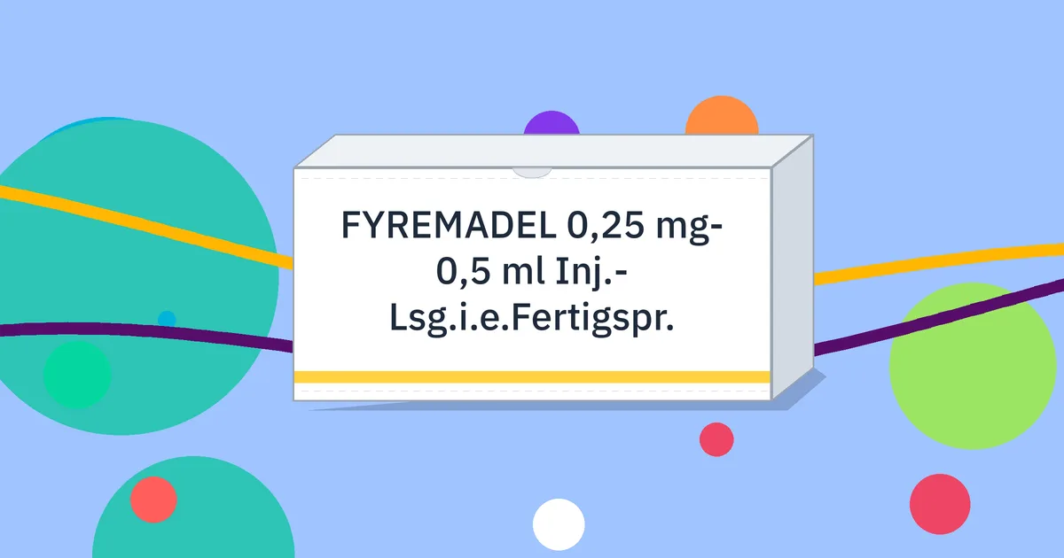 Symbolbild: Packung mit der Aufschrift FYREMADEL 0,25 mg-0,5 ml Inj.-Lsg.i.e.Fertigspr. (PZN 12352052) – Verfügbarkeit und Bezug in Apotheken in Frankfurt am Main