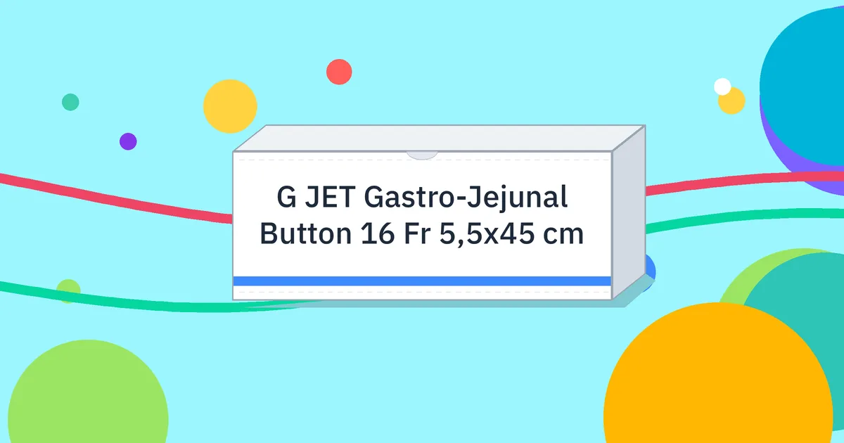 Symbolbild: Packung mit der Aufschrift G JET Gastro-Jejunal Button 16 Fr 5,5x45 cm (PZN 14347049) – Verfügbarkeit und Bezug in Apotheken in Frankfurt am Main