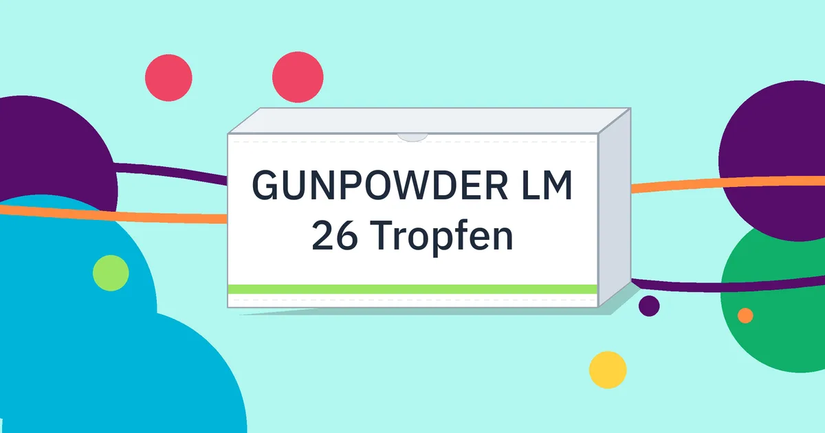 Symbolbild: Packung mit der Aufschrift GUNPOWDER LM 26 Tropfen (PZN 15823799) – Verfügbarkeit und Bezug in Apotheken in Frankfurt am Main