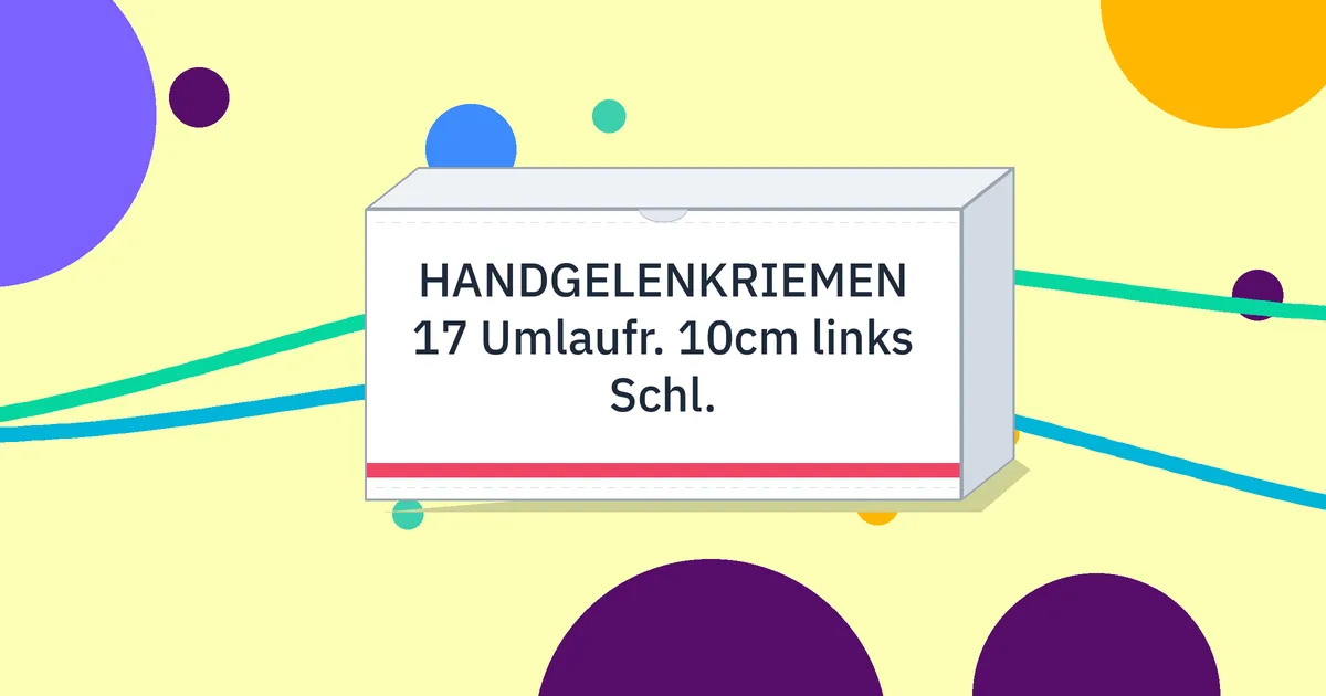 Symbolbild: Packung mit der Aufschrift HANDGELENKRIEMEN 17 Umlaufr. 10cm links Schl. (PZN 01963166) – Verfügbarkeit und Bezug in Apotheken in Frankfurt am Main